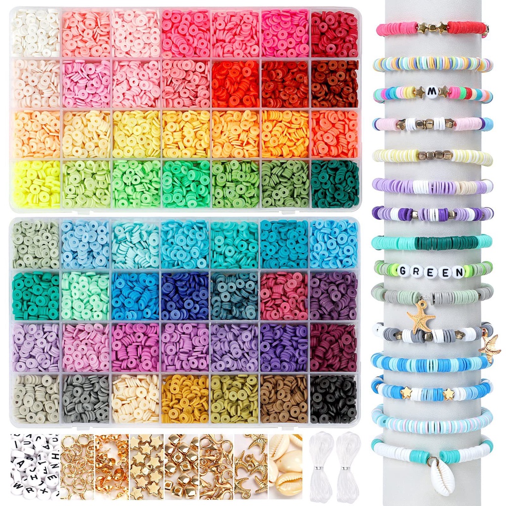 28 GRID 6MM MIX COLOR CLAY BEADS KIT FLAT ROUND POLYMER BEADS WITH TOOL ...