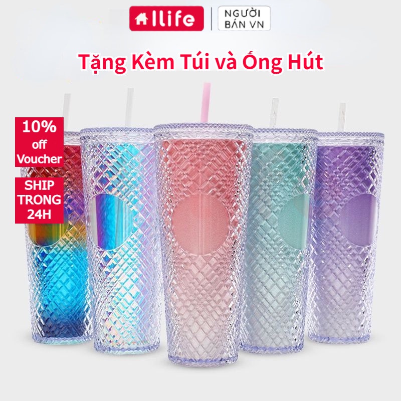 ILIFE Ly Uống Nước Hoạ Tiết Kim Cương 2 Lớp Cao Cấp, Chất Liệu Nhựa ABS Cách Nhiệt, Tặng Kèm Túi ...