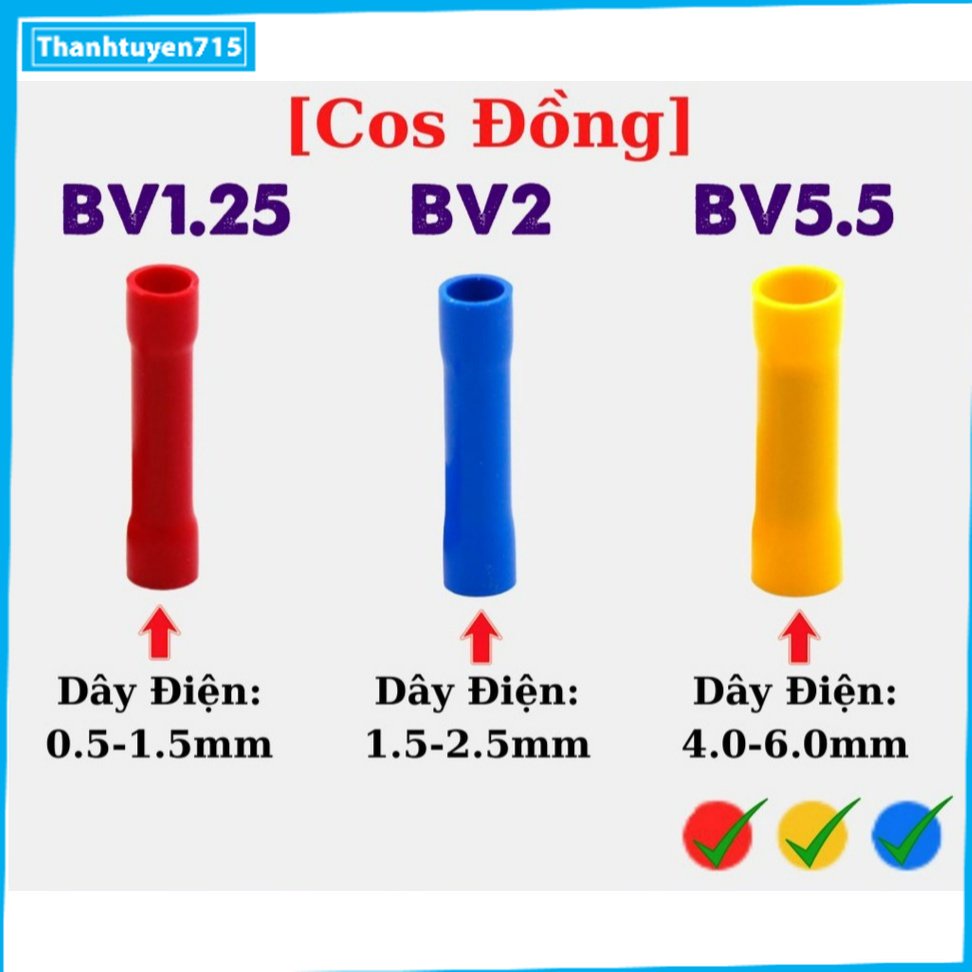 Set 100 Đầu cos nối thẳng, cos nối điện bọc phủ nhựa BV1.25; 2 và 5.5, cốt bấm dây điện 1.5mm ...