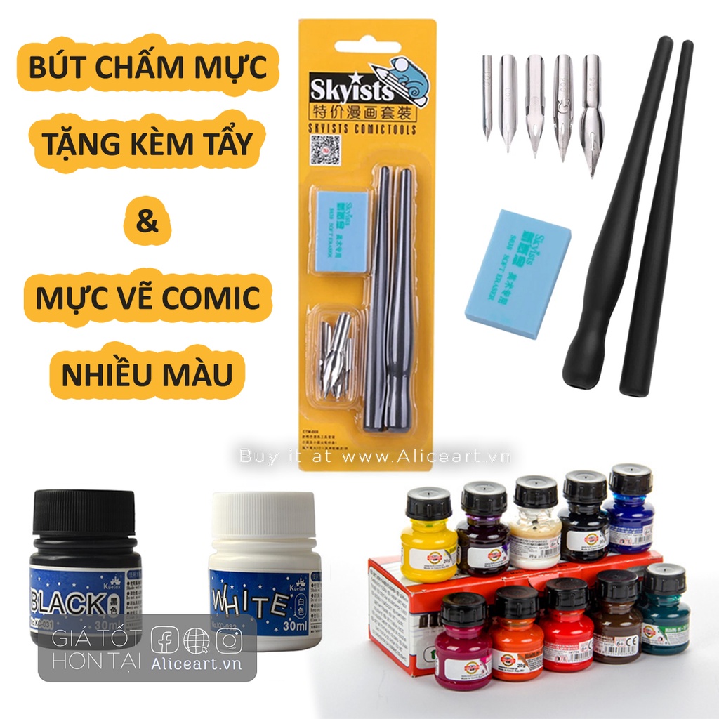 [ART LAND] Bút sắt chấm mực Skyists (kèm tẩy) Mực vẽ comic Kuelox KOH ...