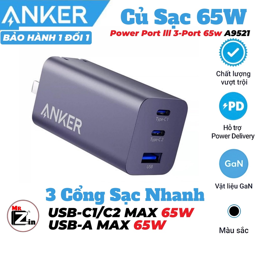 Củ Sạc Anker PowerPort III 65W - A9521 - Bảo Hành 1 Năm 1 Đổi 1 ...