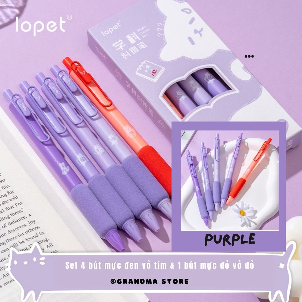 [Lopet Tím] Hộp 4 bút Gel Đen Vỏ Tím 0.5mm & 1 Bút Đỏ | Shopee Việt Nam
