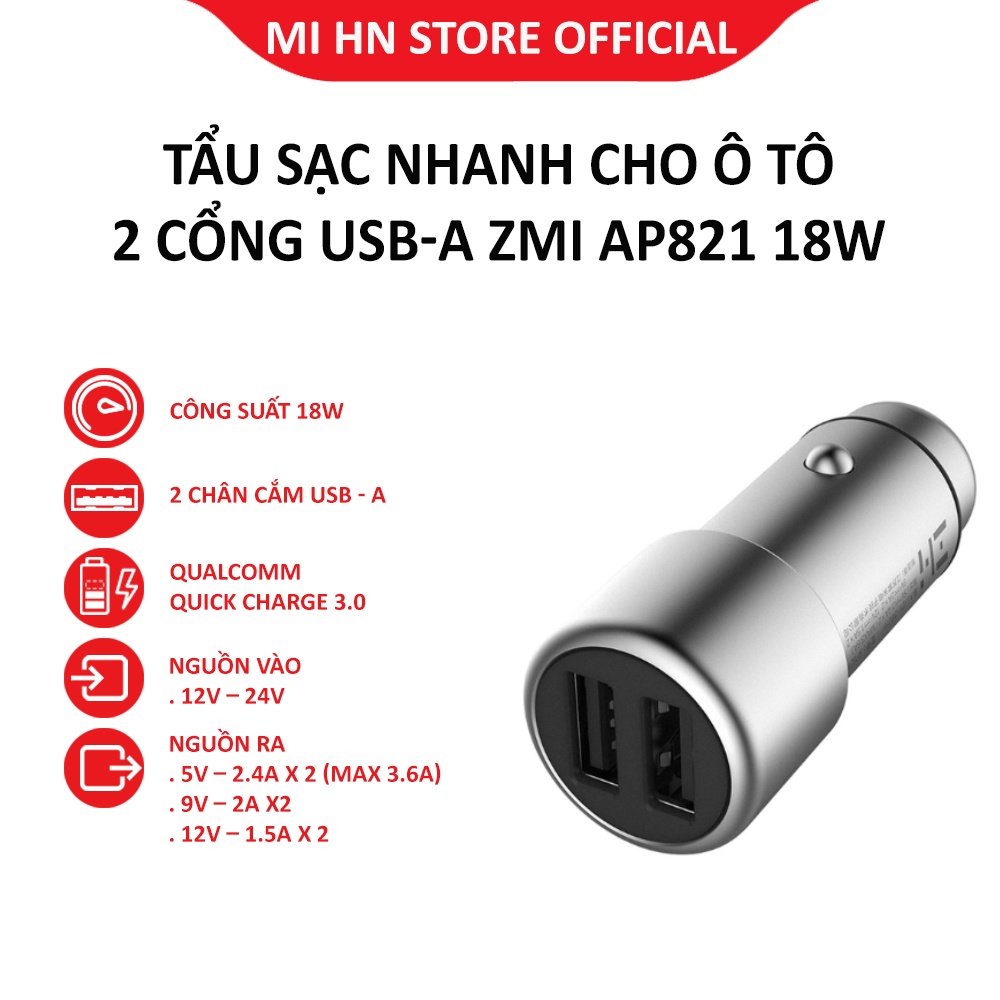 Tẩu sạc nhanh ô tô ZMI AP821 QC 3.0 hai cổng USB | Shopee Việt Nam