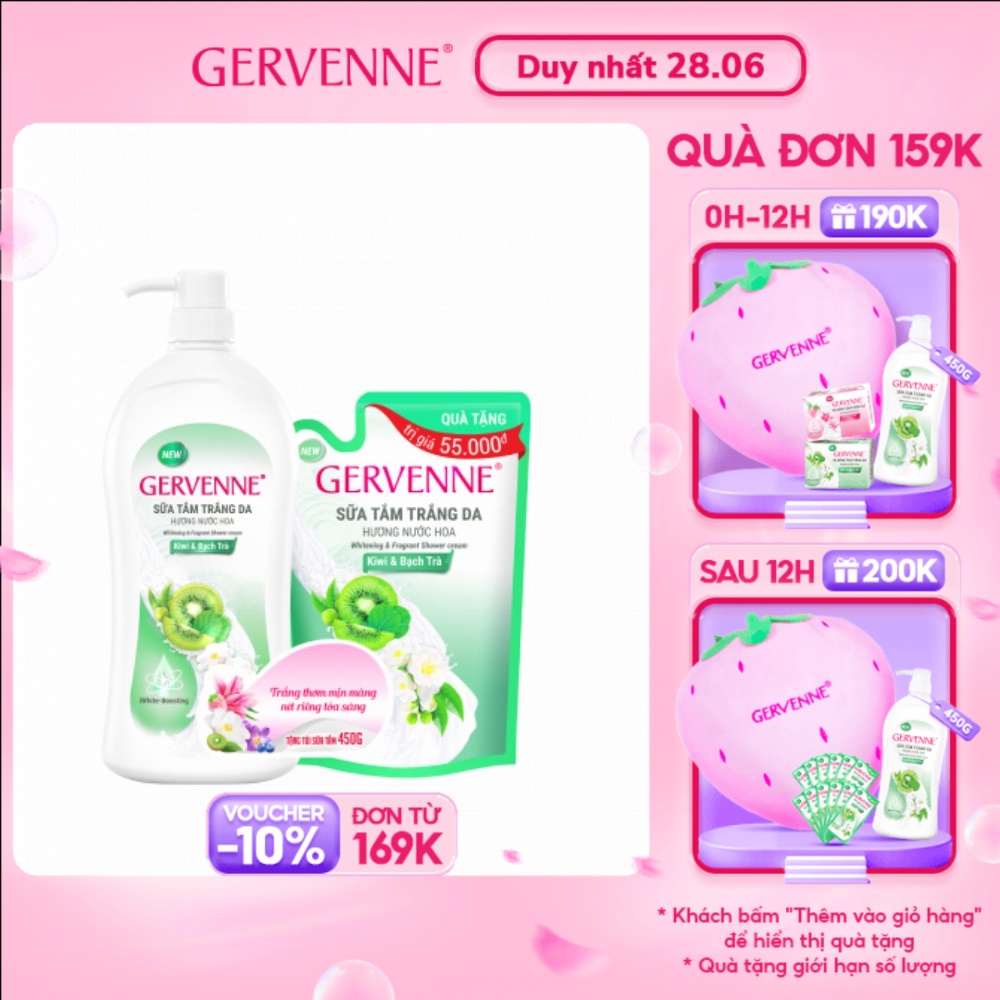 Sữa tắm trắng da Gervenne Kiwi và Bạch Trà 1.2L + Túi sữa tắm 450gr ...