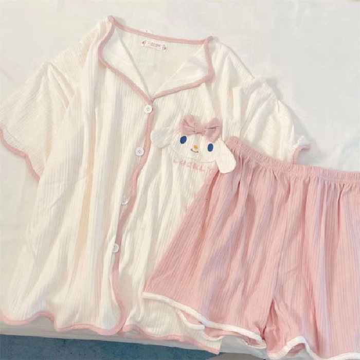 Bộ Đồ Ngủ Tay Ngắn Dáng Rộng Thêu Hình Chú Chó Cinnamon Đính Nơ Dễ ...