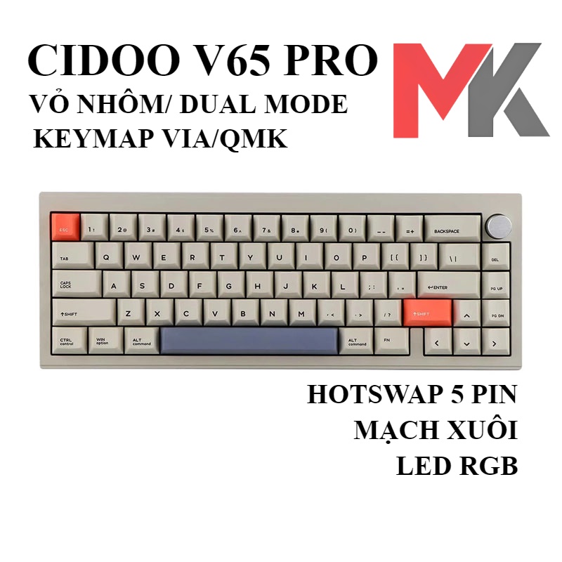 Bàn phím cơ Cidoo V65 Pro Dual Mode Mạch xuôi 5 Pin Cấu trúc Gasket Keymap phần mềm VIA Switch ...