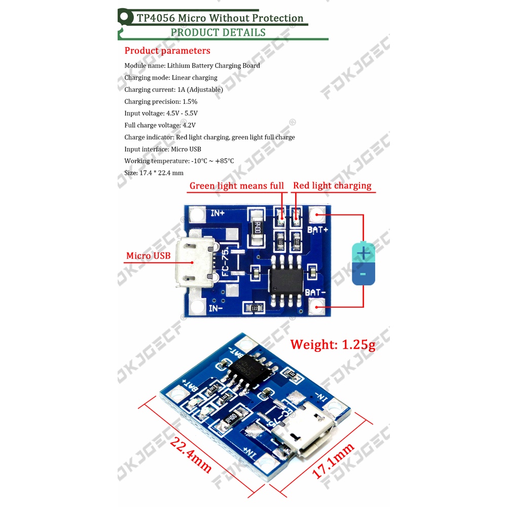 Bộ 100 Mô Đun Sạc Pin Lithium Mini Type-c USB 5V 1A 18650 TP4056 Có ...