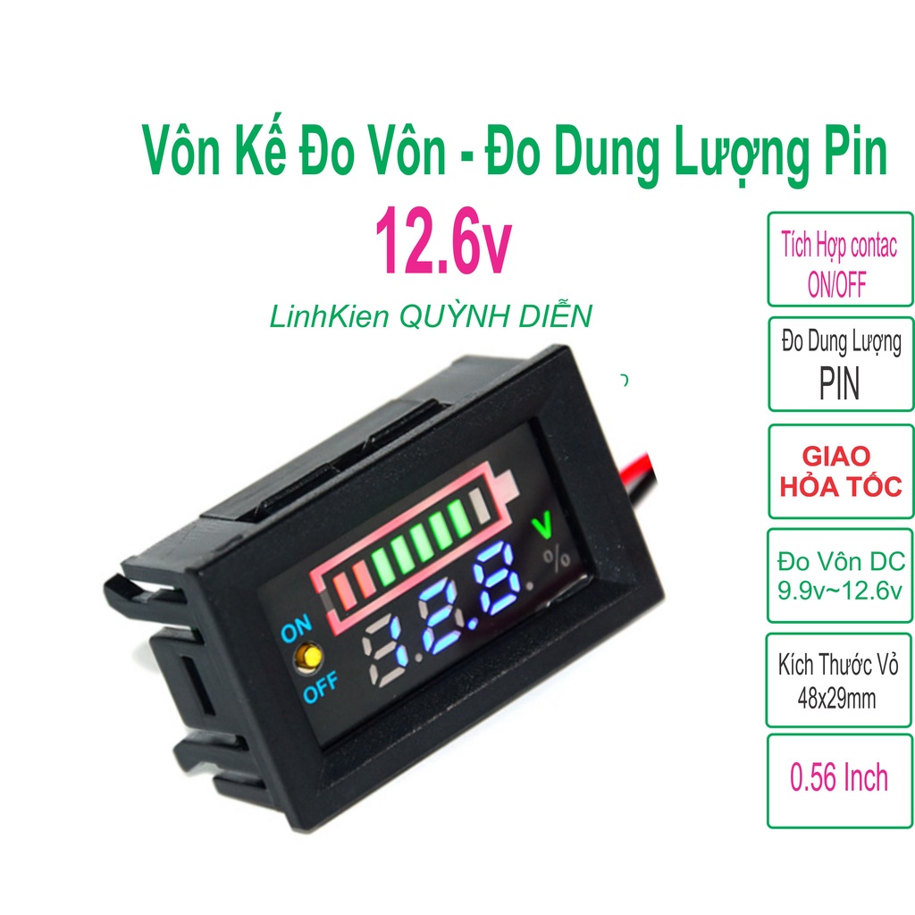 Vôn kế đo điện áp ắc quy ON/OFF 12V6 hiển thị dung lượng pin màn hình ...