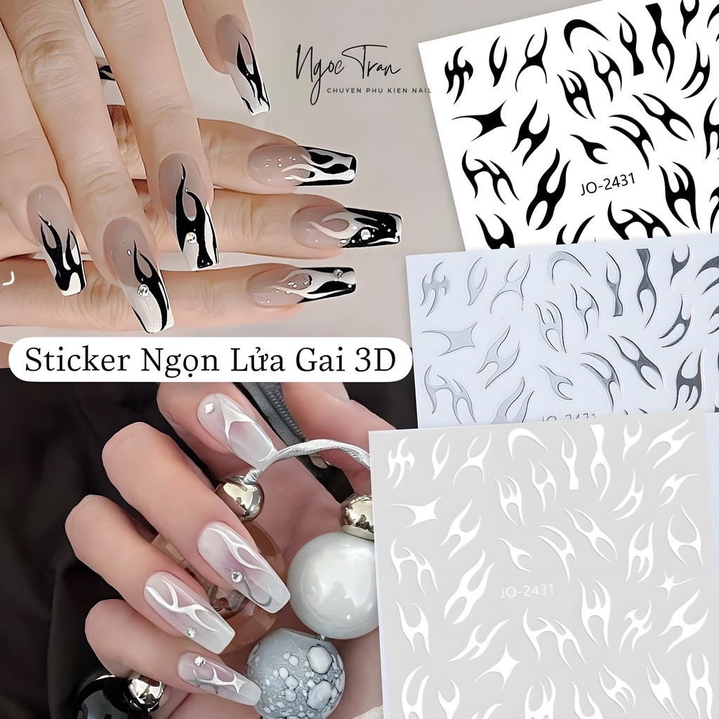 Sticker 3D | Ngọn Lửa Gai Trắng Đen Bạc | Trang Trí Móng Tay JO-2431 ...