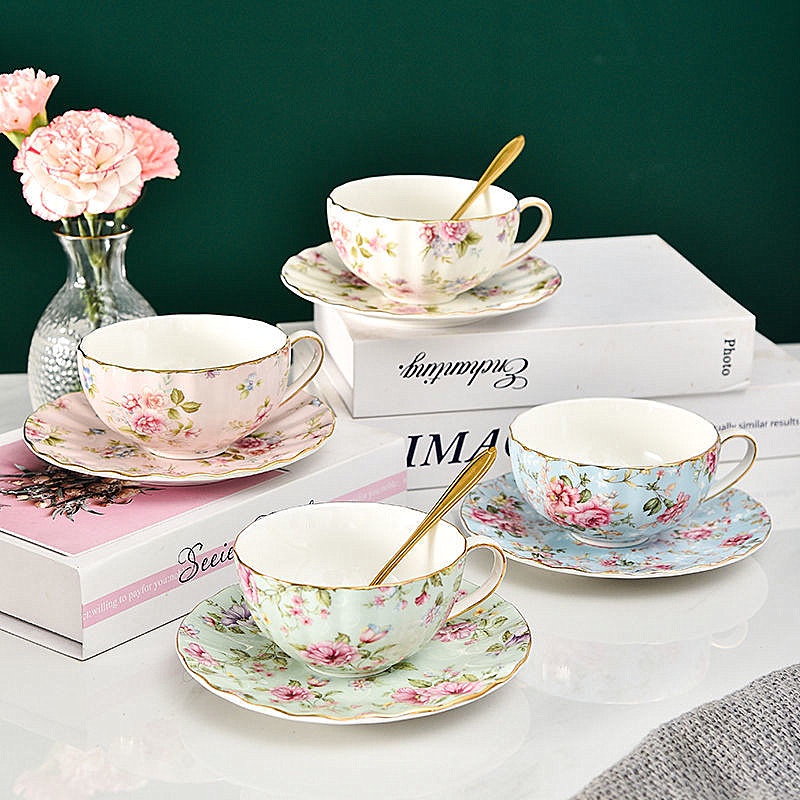 Bone china coffee cup saucer spoon set flower tea cup set european ...