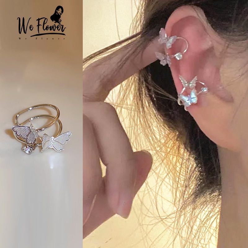 Khuyên tai kẹp WE FLOWER không xỏ lỗ bạc S925 hình bướm đính pha lê thời trang Hàn Quốc cho nữ ...
