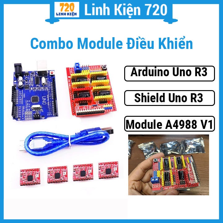 Combo Arduino Uno R3 dán + Shield Uno R3 + 4 Module A4988 V1 + tặng 4 tản nhiệt | Shopee Việt Nam