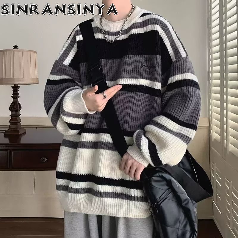 Sinransinya Áo sweater Dệt Kim Dày Dáng Rộng In Họa Tiết Kẻ Sọc Tương ...