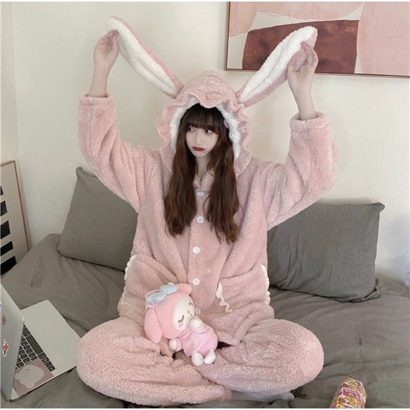 Bộ ngủ lông cừu tai thỏ khuy cài viền bèo hồng dễ thương , sét đồ bộ ...