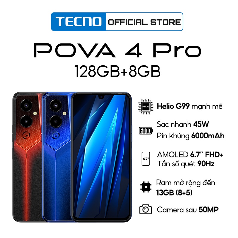 Điện thoại Gaming Tecno POVA 4 PRO 8GB/128G -Media Tek G99|6000 mAh|Sạc nhanh 45W | Shopee Việt Nam