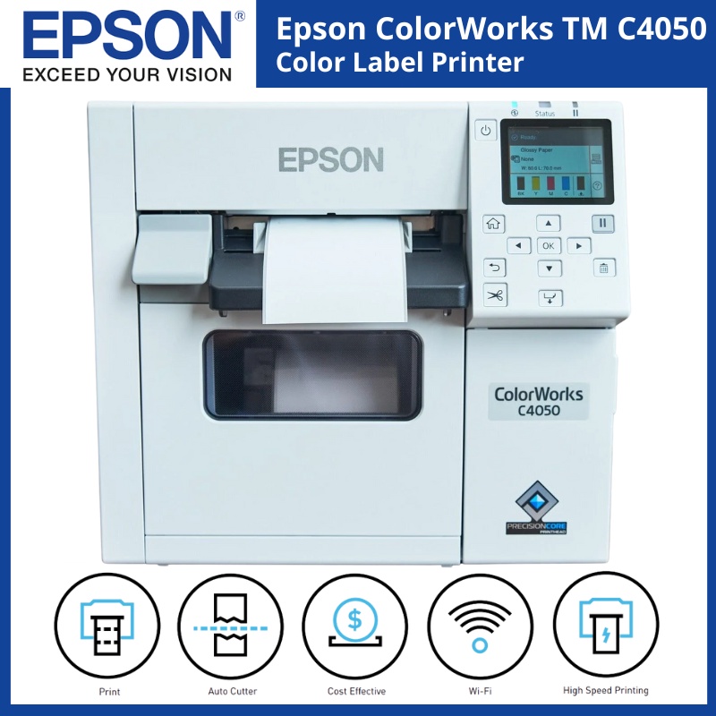 Máy in tem nhãn màu Epson ColorWorks C4050, khổ in 108mm, độ phân giải ...
