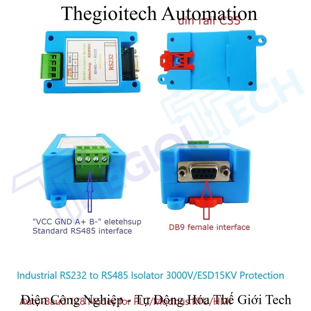 RS232 to RS485 Isolator Converter 3000V Isolation 12V/24V DC for Modbus ...