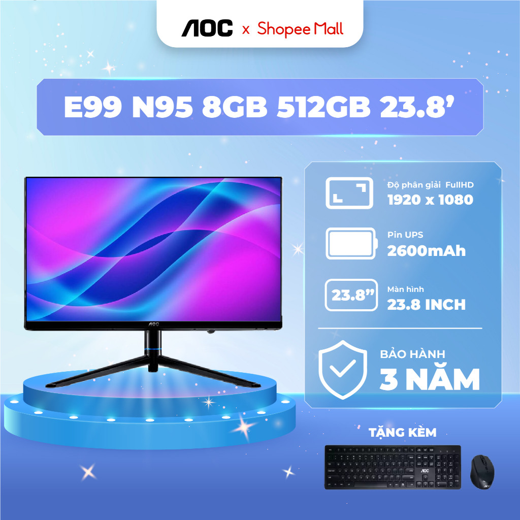 Máy tính All In One AOC A99 N95 8GB 512GB SSD Màn hình 23.8 Inch Pin UPS tháo rời Tặng chuột và ...