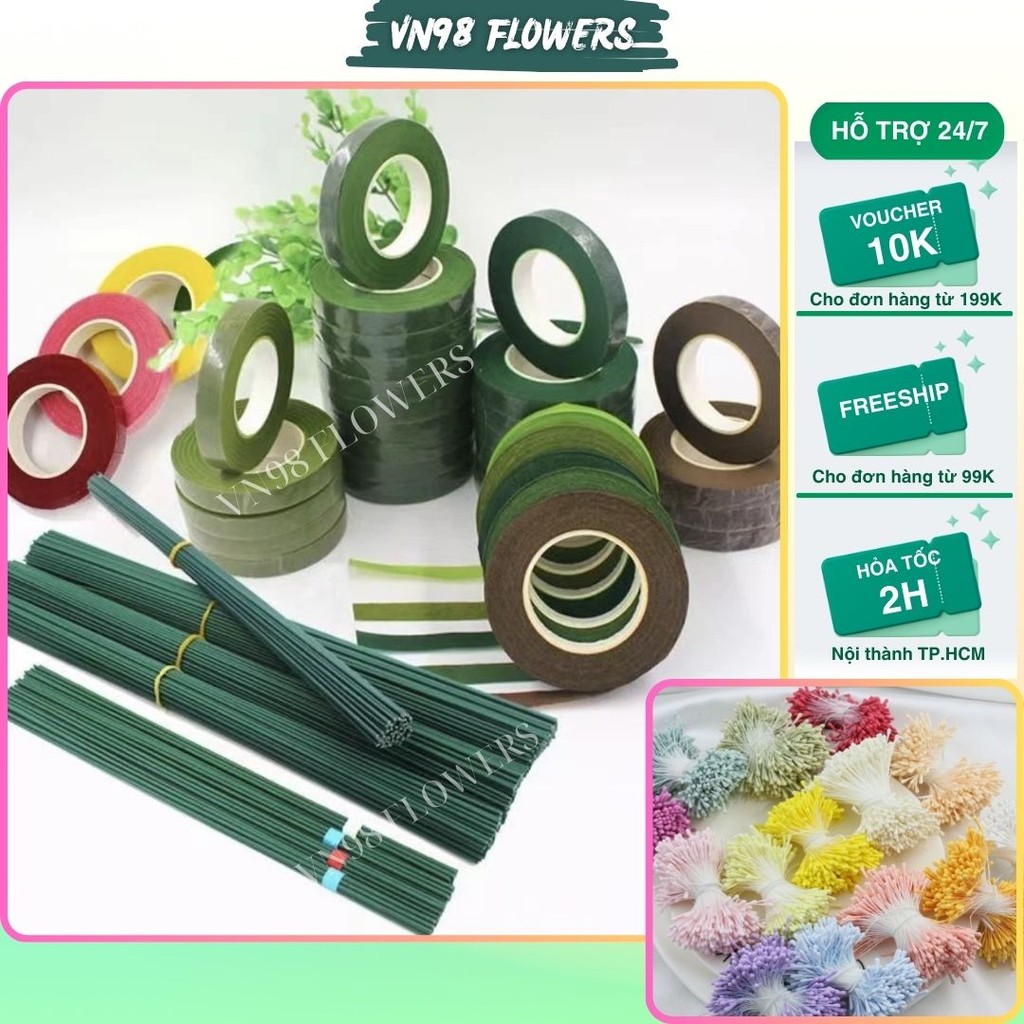 Bộ nguyên liệu làm DIY với kẽm nhung: Phụ kiện như cành hoa, keo sáp ...