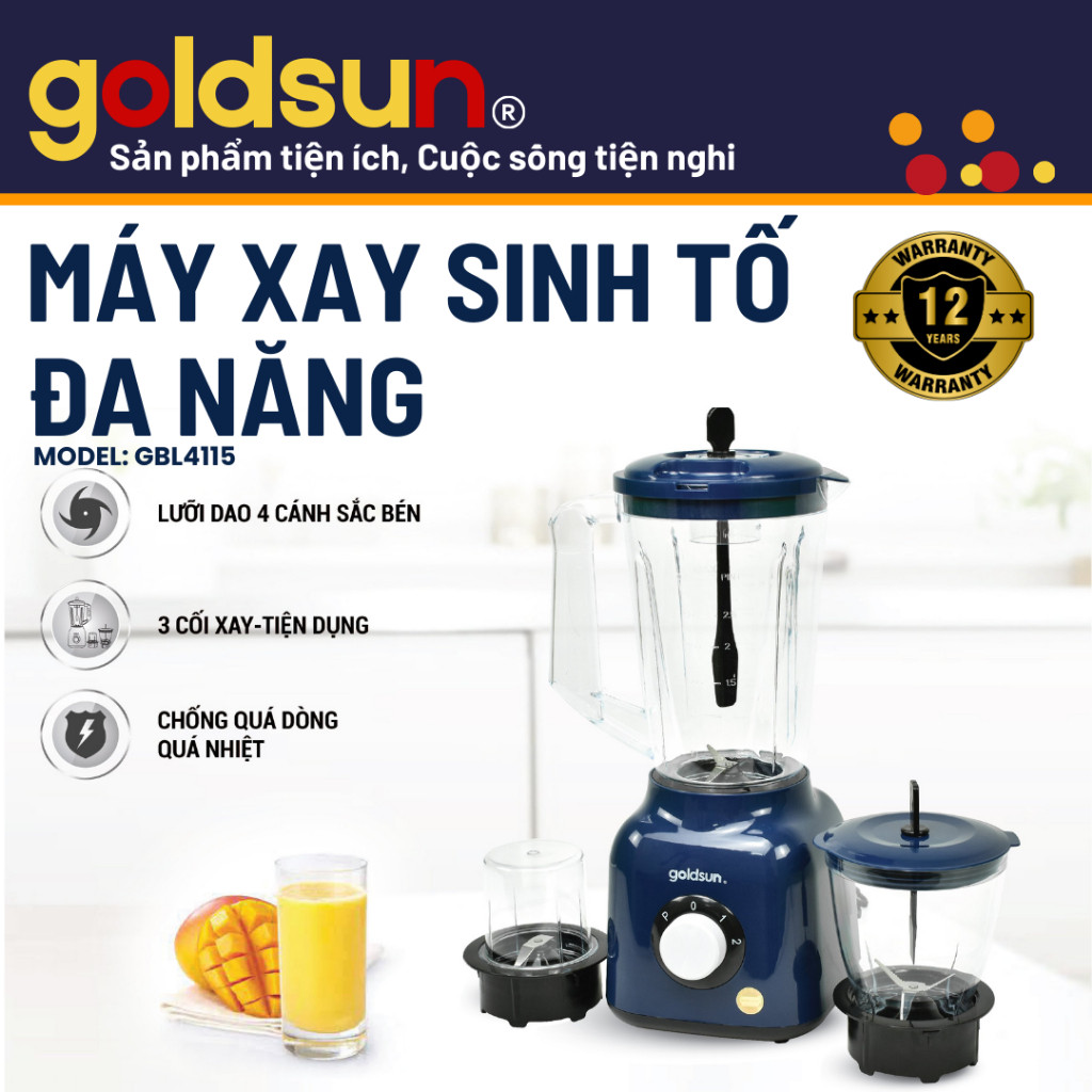 Máy xay sinh tố Goldsun GBL4115 công suất 400W, 3 cối nhựa, lưỡi dao inox 4 cánh, xay đa năng ...