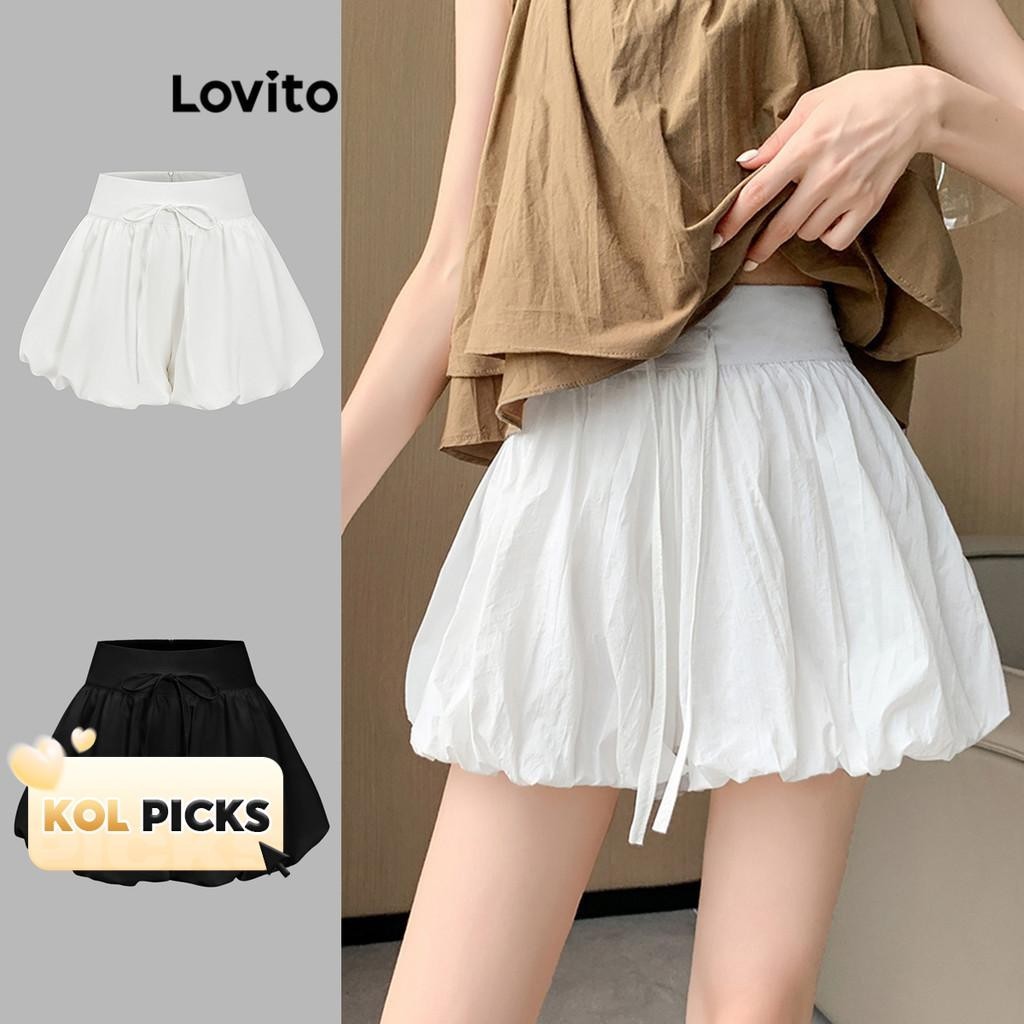 (KOL‘s pick) Lovito Quần short xếp nếp nơ trơn thông thường cho nữ ...