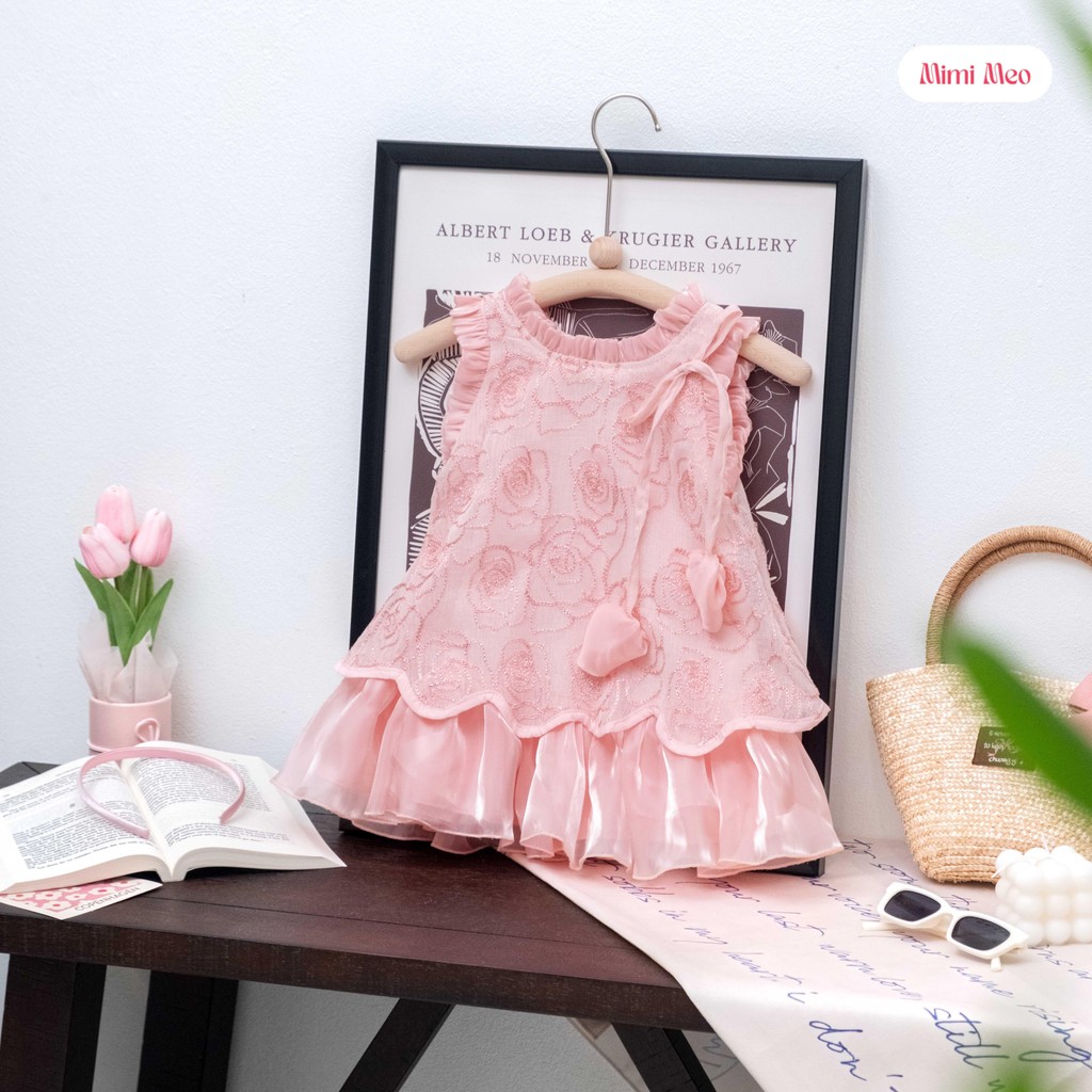 [Mimi Meo - TD326] Váy bé gái (Kèm bờm) 9-34kg - Vải thêu hoa hồng chân váy sóng lụa óng ...