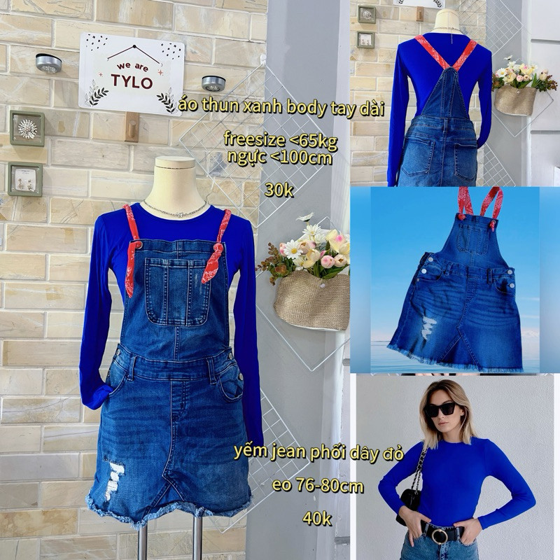 áo thun xanh body tay dài + yếm jean phối dây đỏ (lót quần) YV1001 ...