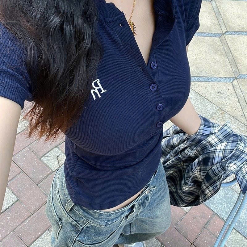 Áo kiểu babytee croptop nữ 6 cúc tôn dáng màu xanh than RN | Shopee ...