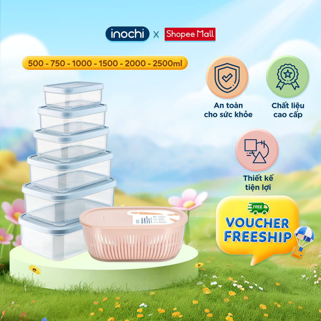Combo Bộ 6 hộp thực phẩm chữ nhật và Hộp trữ rau củ oval Hokkaido ...