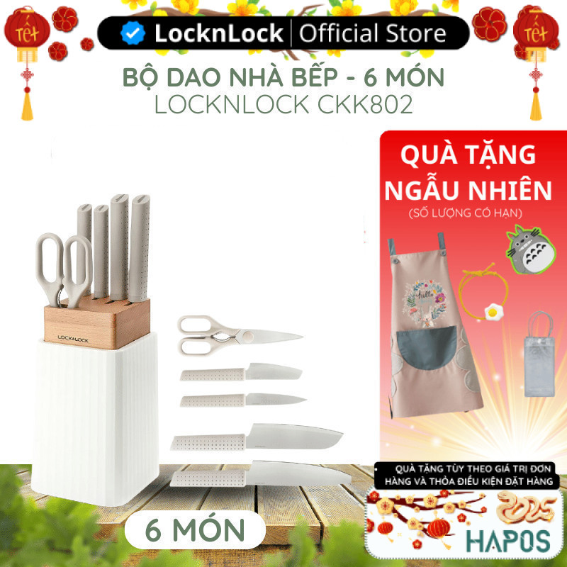 Bộ dao nhà bếp Lock&Lock 6 món Chính hãng, CKK802 - 1 hộp cắm dao, gồm 4 dao, 1 kéo cắt thịt, gà ...