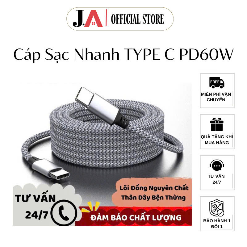 Cáp Sạc Nhanh USB C to TYPE C PD60W, Chuyền Dữ Liệu Nhanh, Lõi Đồng Bền Bỉ Chất Lượng Cao. Bảo ...