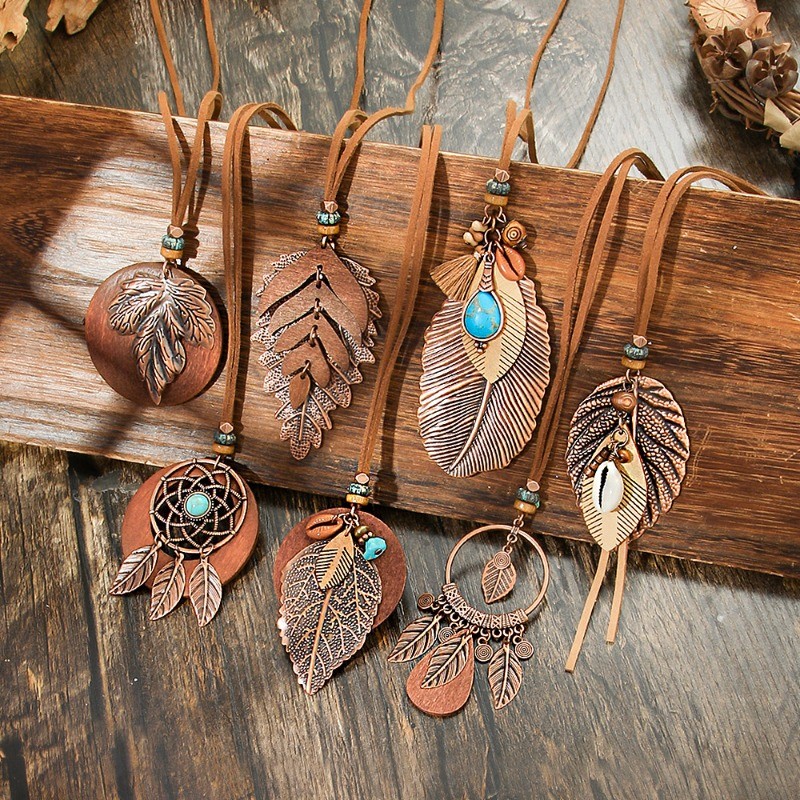 Vintage Vòng Cổ Nữ Bohemian Gỗ Hai Lớp Mặt Dây Chuyền Tua Rua Vòng Cổ Retro Rỗng Hình Lá Vòng Cổ ...