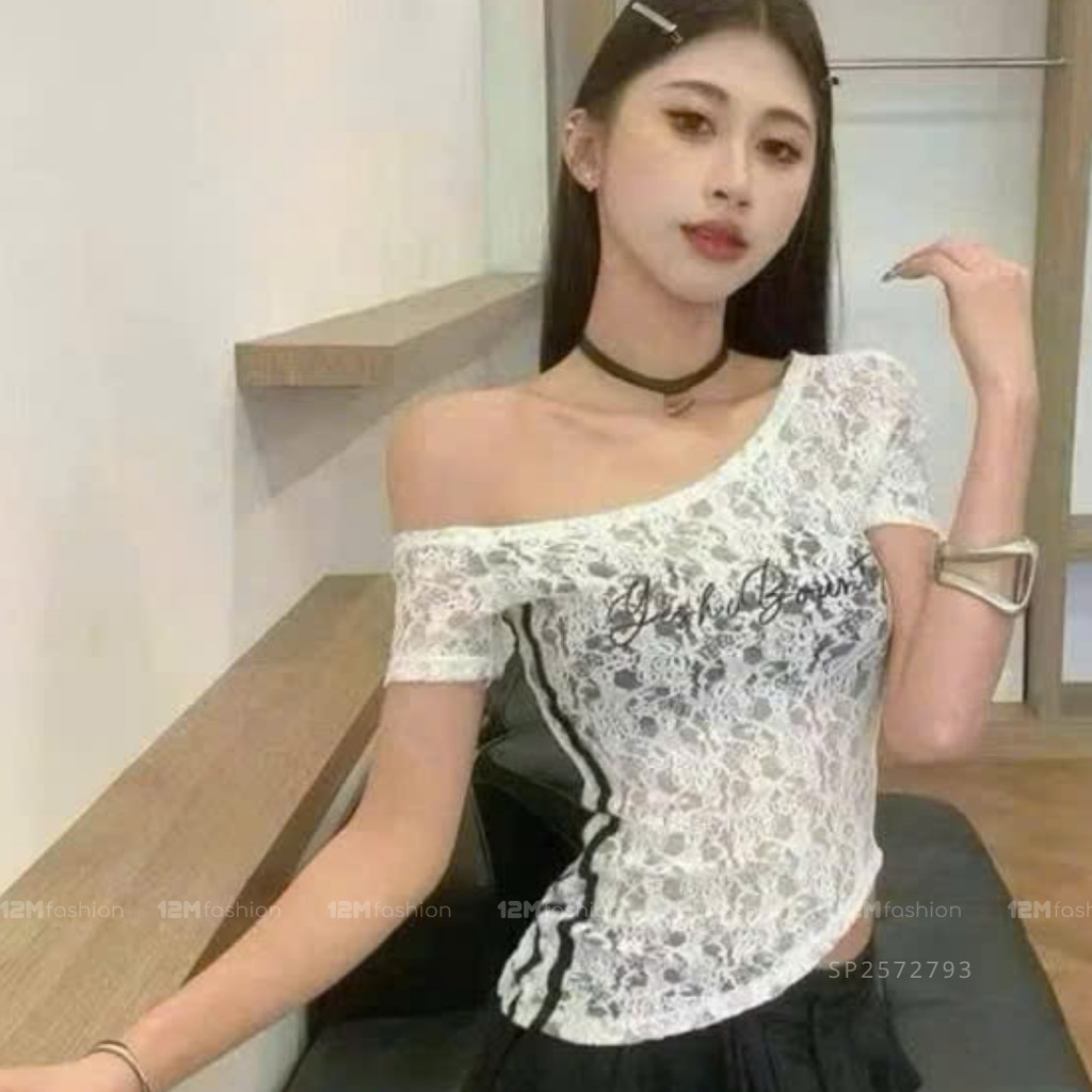 Set áo thun ren lệch vai xinh _ kèm bara _ 2M fashion | Shopee Việt Nam