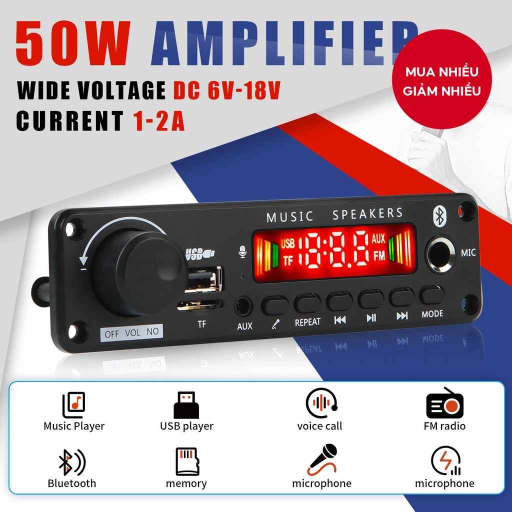 Bộ khuếch đại 2 * 25W Bảng máy nghe nhạc MP3 18V Bluetooth 5.0 Bộ khuếch đại Đài FM Mô-đun hỗ ...