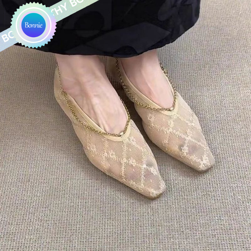 Giày nữ gót thấp lưới Giày chi tiết dây chuyền phong cách thanh lịch ...