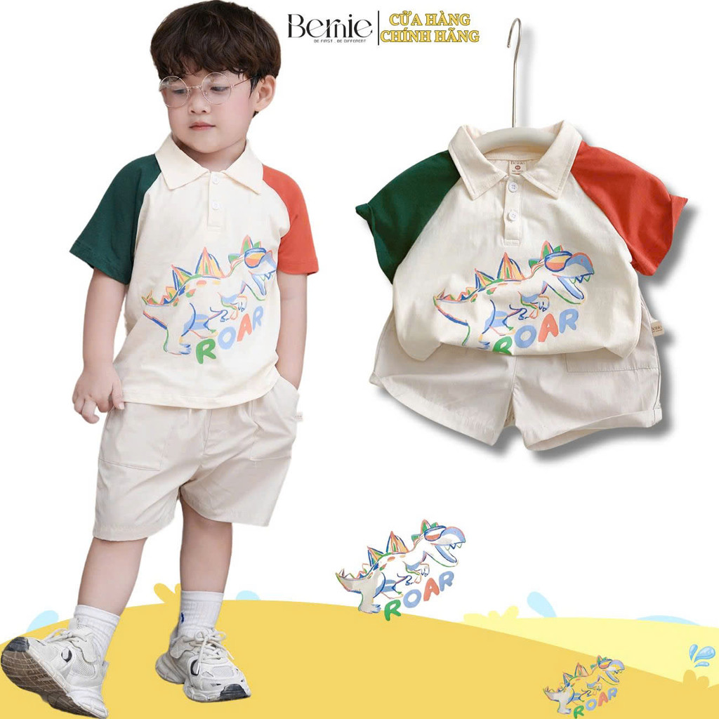 Set bộ polo khủng long sắc màu bé trai áo thun và quần short đùi kaki 9kg tới 28kg BERNIE ...