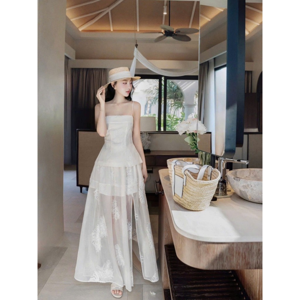 Set Áo 2 Dây + Chân Váy Xẻ Tà Vải Tơ San Hô-Màu Be -Đủ Size S/M/L D1168 | Shopee Việt Nam