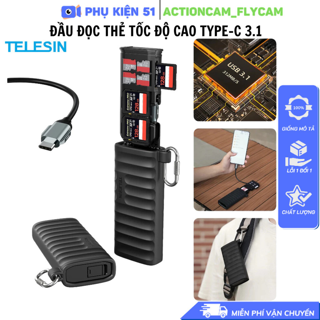 Đầu đọc thẻ nhớ TELESIN type C dành cho thẻ SD, micro SD , nano sim tốc độ cao lên tới 312mb/s ...