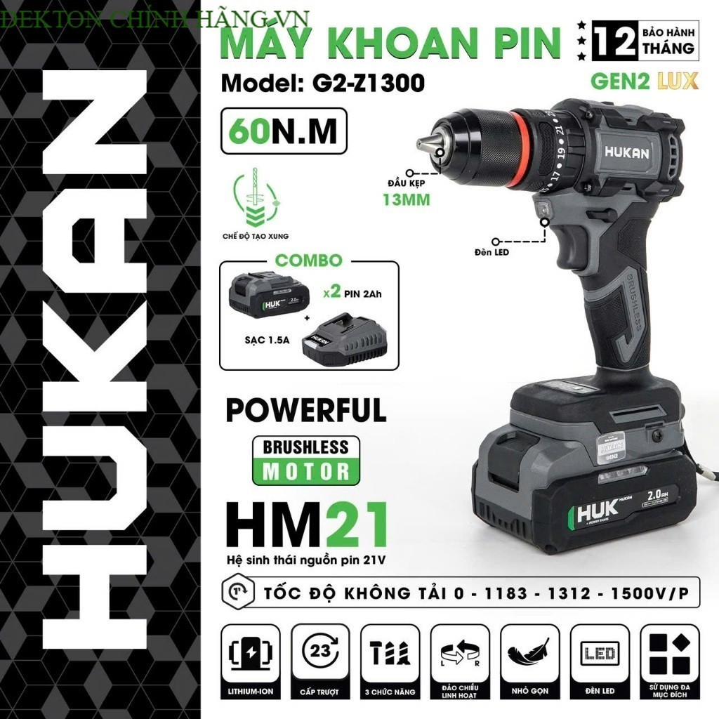 Máy Khoan Pin HUKAN HK- Z1300 Không Chổi Than - Khoan pin 3 Chức Năng ...