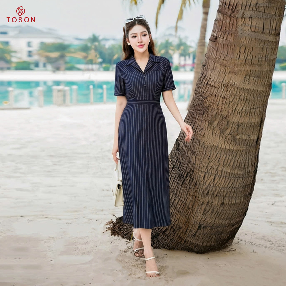 Đầm demin tím than kẻ cổ K 46037T95 Toson | Shopee Việt Nam