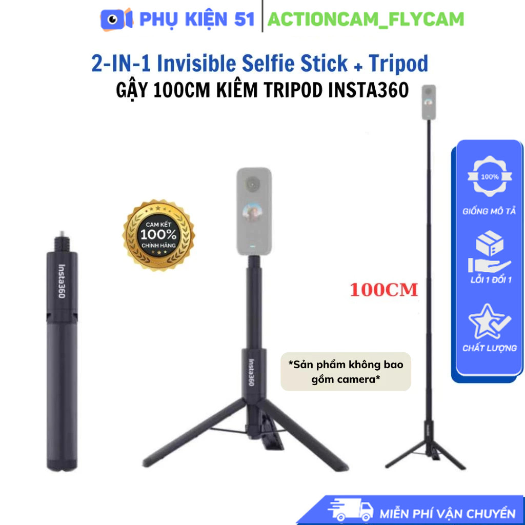 Gậy tàng hình tích hợp tripod 2 in 1 INSTA360 X5 X4 X3 X2 kéo dài 100cm ...