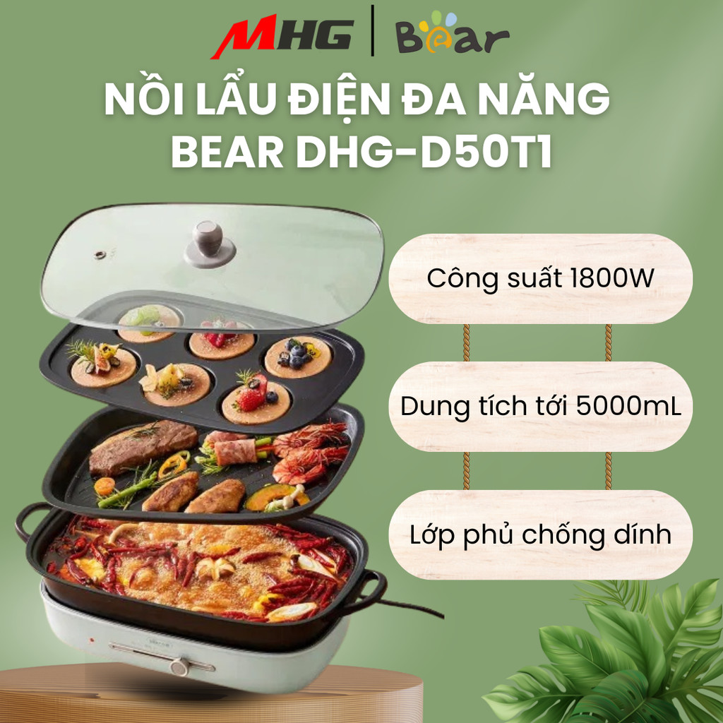 Nồi Lẩu Nướng Đa Năng 5L Bear DHG-D50T1 1800W, Làm Nóng Nhanh, Bảo Hành 18 Tháng, Hàng Chính ...