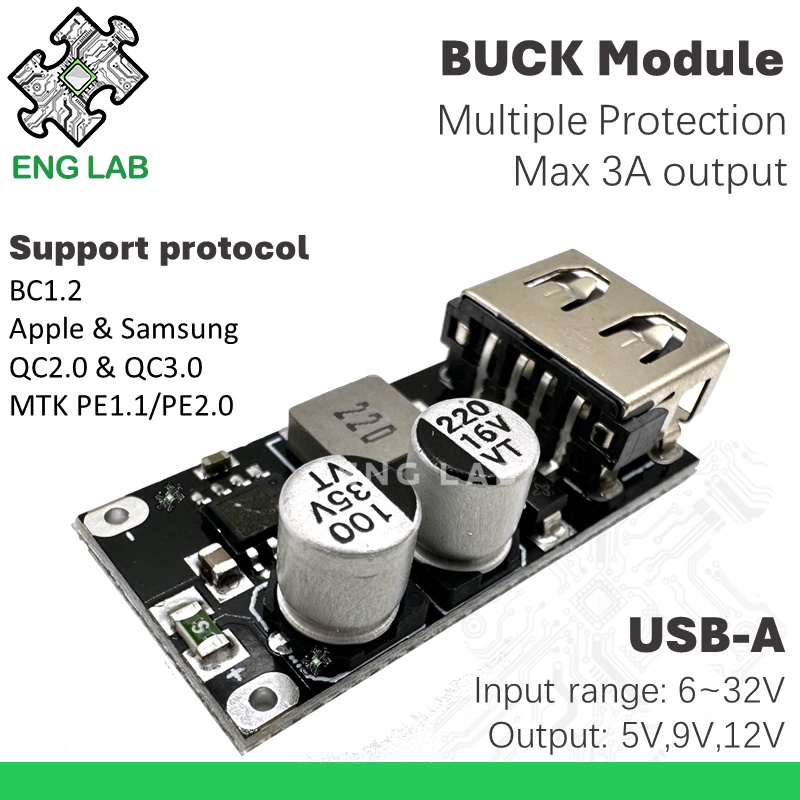 ENGLAB★Mô Đun Hạ Áp USB-A BC1.2 / QC2.0 / QC3.0 6V-32V Sang 5V / 9V ...