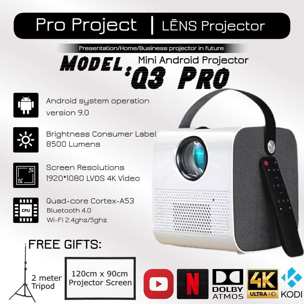 [FLASH SALES] Android Projector Q3 PRO Mini 8500 Lumens HD 1080P 4K ...
