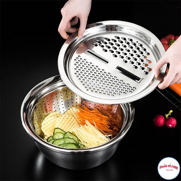 CAO CẤP Bộ nạo rau củ 3 món bào - Rổ nạo rau củ kiêm rổ và chậu inox ...
