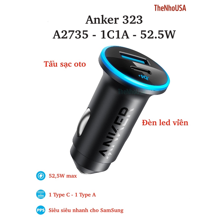 Tẩu sạc nhanh ô tô Anker 2 cổng 52.5W A2735 1 type C 1 type A 1C1A PD PPS QC AFC FCP SCP BH 12T ...