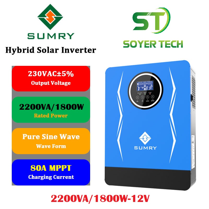 SUMRY Hybrid Inverter 1.8KW 12V AC220-240V 80A MPPT PV 55V-450V- Biến tần năng lượng sóng sin ...