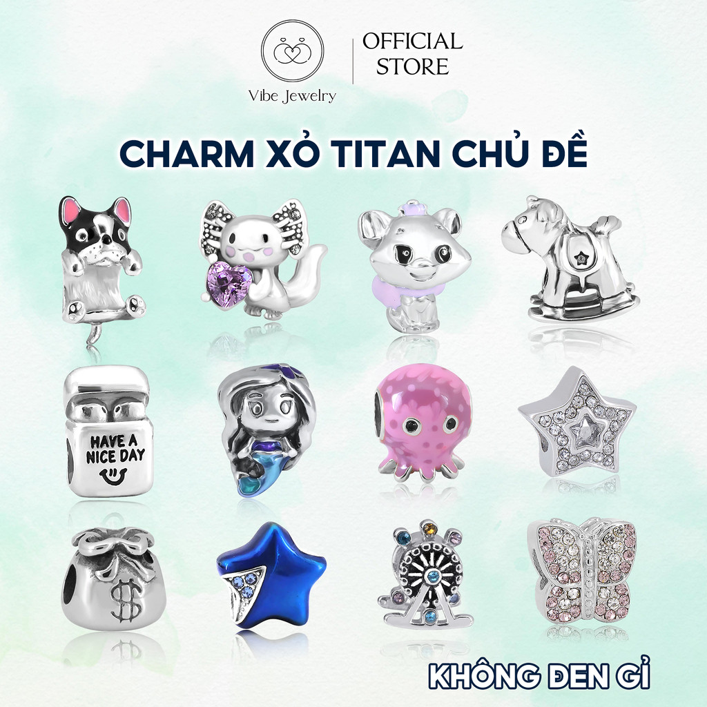 Charm titan không gỉ VIBE làm vòng tay nữ, hạt charm xỏ ngang hình ngôi sao / thú cưng đính đá ...