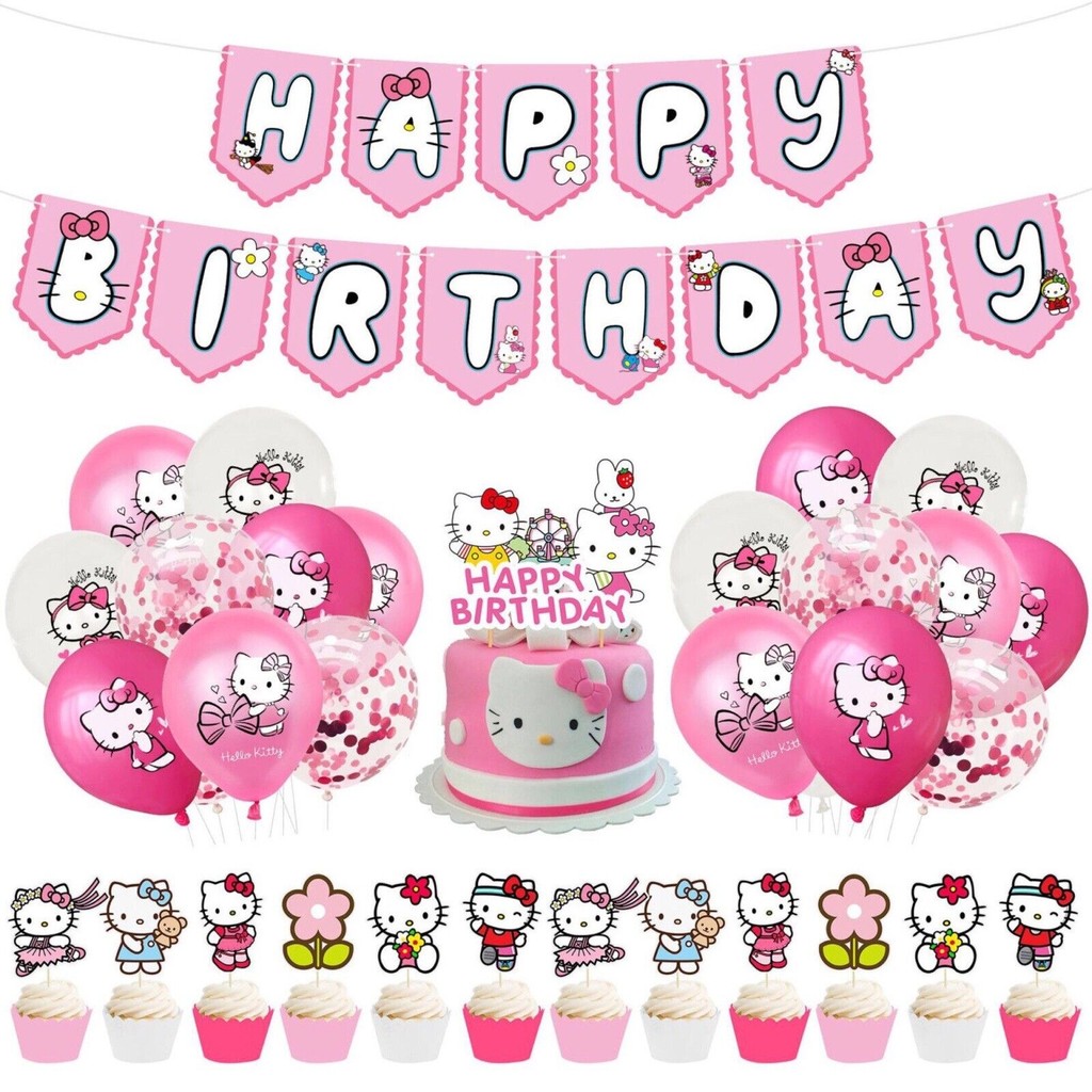 Hello Kitty Balloons Banner 35 Pcs Bunting Cake Toppers Backdrop ...