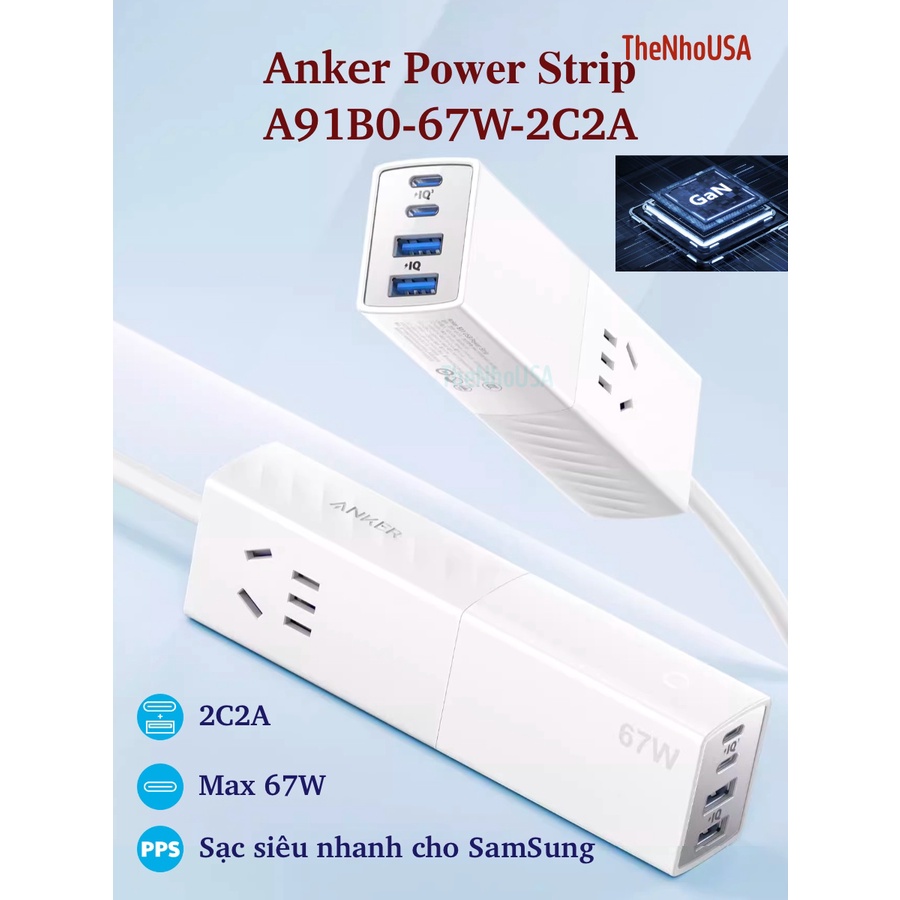 Củ sạc nhanh kiêm ổ cắm điện Anker Power Strip GaN 6 in 1 67W 2A2A PD ...